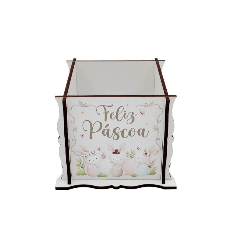 Caixa quadrada 'Feliz Páscoa' - Madeira - Florisul